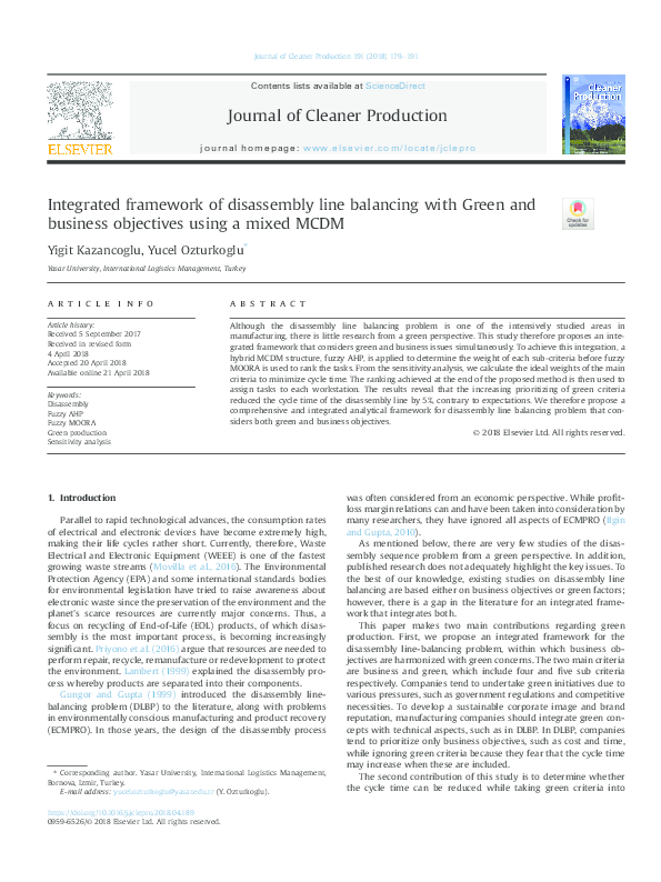 (PDF) Integrated framework of disassembly line balancing with Green and business objectives ...