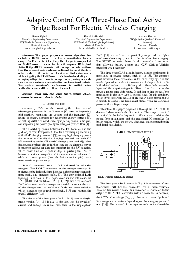 Pdf Adaptive Control Of A Three Phase Dual Active Bridge Based For Electric Vehicles Charging