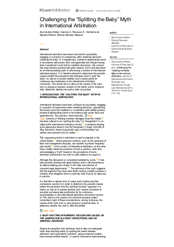 (PDF) Challenging the Splitting the Baby Myth in International Arbitration.