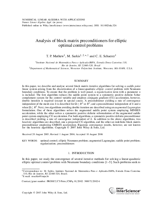 Pdf Analysis Of Block Matrix Preconditioners For Elliptic Optimal Control Problems