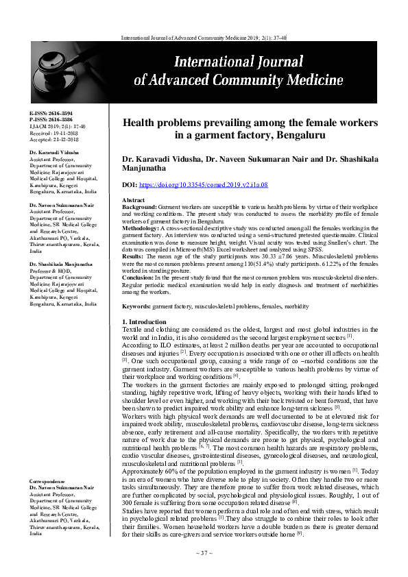 (PDF) Health problems prevailing among the female workers in a garment ...