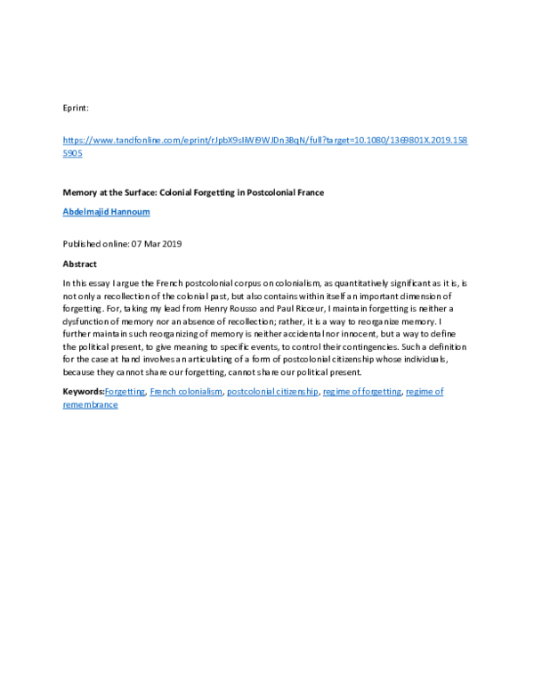 (DOC) Memory at the Surface: Colonial Forgetting in Postcolonial France