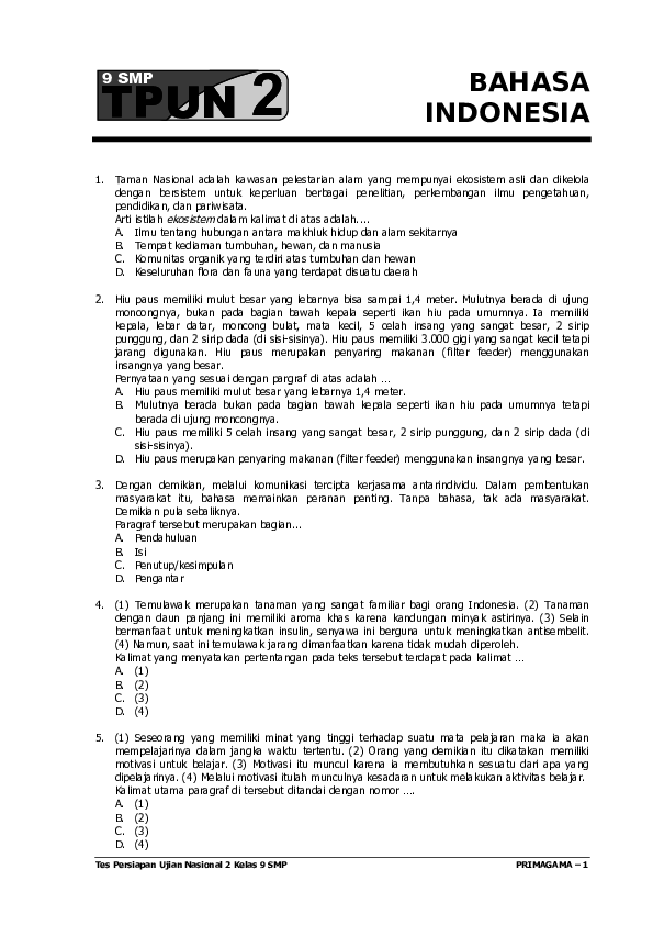 (DOC) LATIHAN SOAL UJIAN NASIONAL BAHASA INDONESIA SMP/MTs