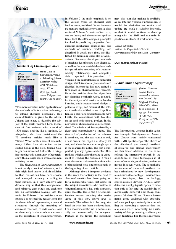 (PDF) Handbook of Chemoinformatics. From Data to Knowledge. Vols. 1–4. Edited by Johann Gasteiger