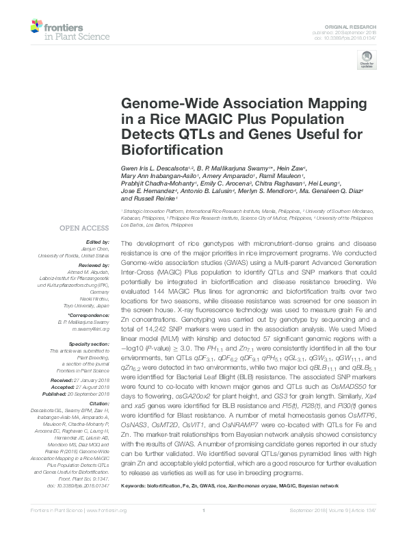 (PDF) Genome-Wide Association Mapping in a Rice MAGIC Plus Population ...