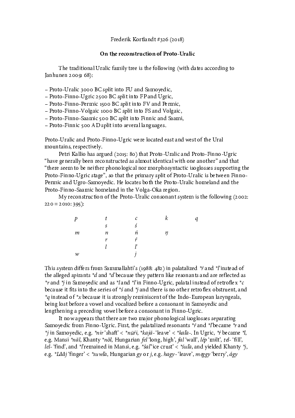 (PDF) On the reconstruction of Proto-Uralic
