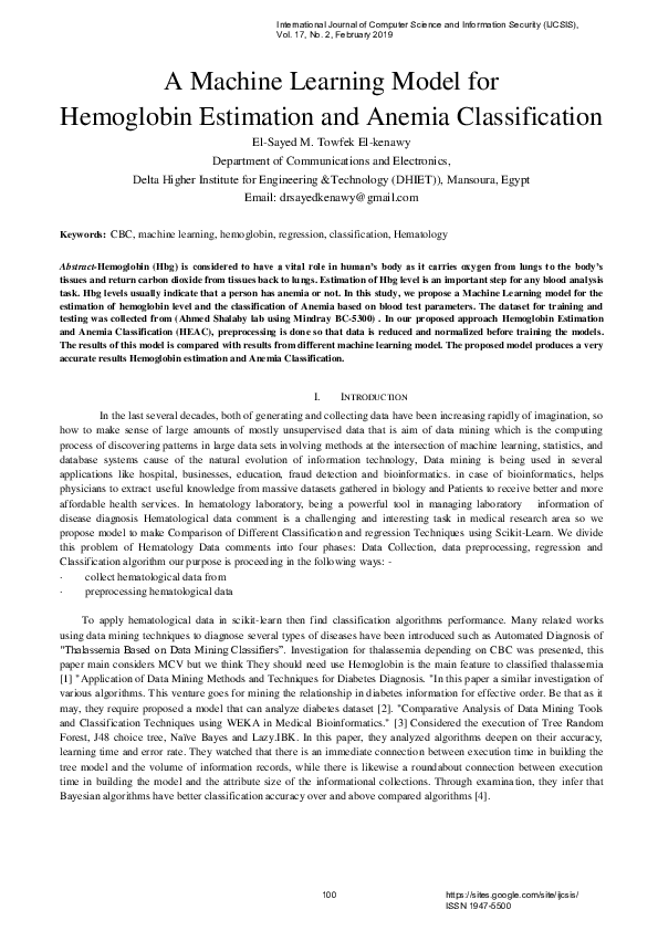 Pdf A Machine Learning Model For Hemoglobin Estimation And Anemia Classification