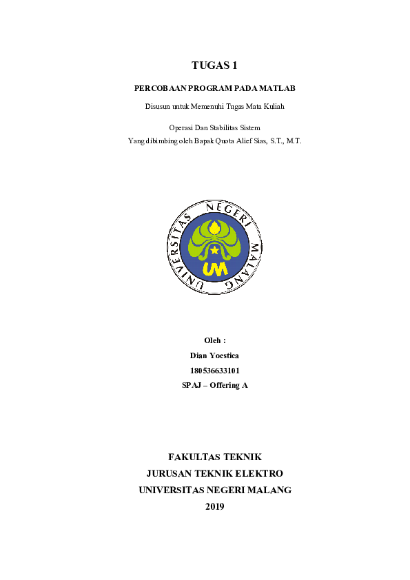 (PDF) PERCOBAAN PROGRAM PADA MATLAB TUGAS 1 PERCOBAAN PROGRAM PADA MATLAB