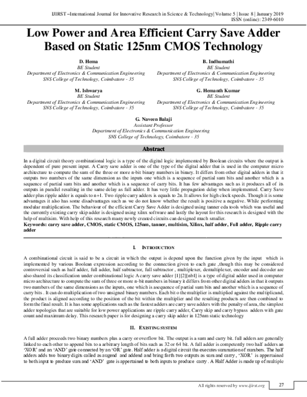 Pdf Low Power And Area Efficient Carry Save Adder Based On Static