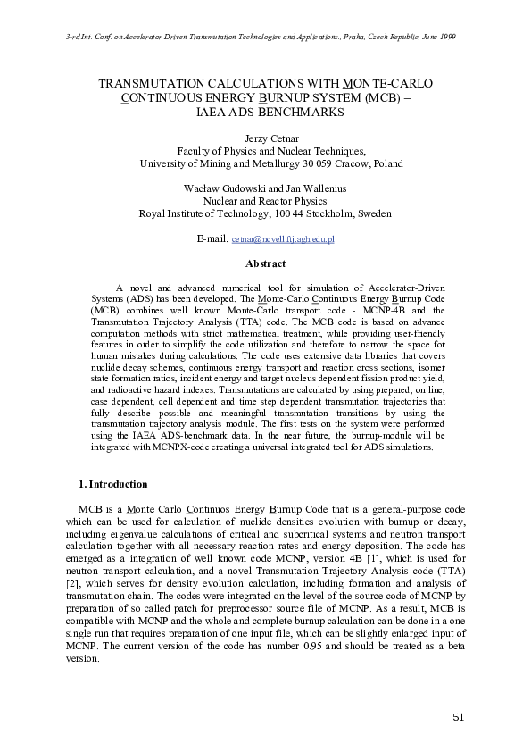 Pdf Transmutation Calculations With Monte Carlo Continuous Energy Burnup System Mcb Iaea