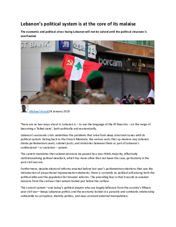 (PDF) Lebanon's Political System is at the Core of its Malaise