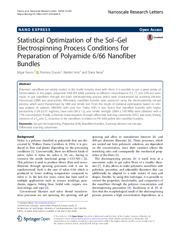 (PDF) Statistical Optimization of the Sol-Gel Electrospinning Process Conditions for Preparation ...