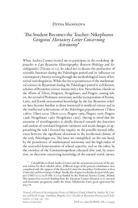 (PDF) The Student Becomes the Teacher: Nikephoros Gregoras’ "Hortatory ...