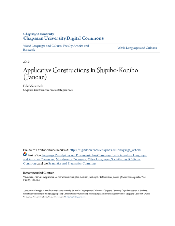 (PDF) Applicative Constructions in Shipibo-Konibo (Panoan)1