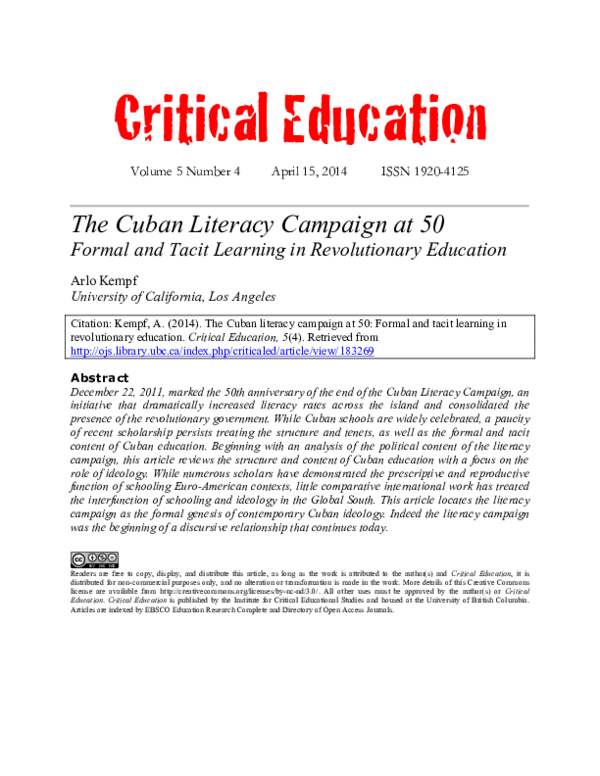 (PDF) Critical Education The Cuban Literacy Campaign at 50 Formal and ...