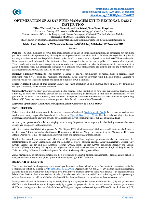 (PDF) OPTIMIZATION OF ZAKAT FUND MANAGEMENT IN REGIONAL ZAKAT INSTITUTION