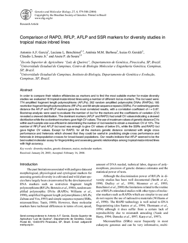 (PDF) Comparison of RAPD, RFLP, AFLP and SSR markers for diversity ...