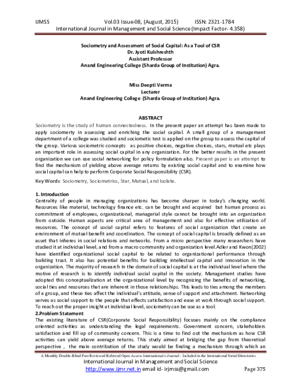(PDF) Sociometry and Assessment of Social Capital: As a Tool of CSR