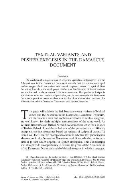 (PDF) TEXTUAL VARIANTS AND PESHER EXEGESIS IN THE DAMASCUS DOCUMENT