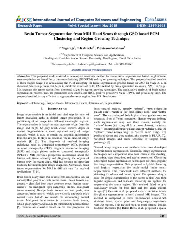 Pdf Brain Tumor Segmentation From Mri Head Scans Through Gso Based Fcm Clustering And Region