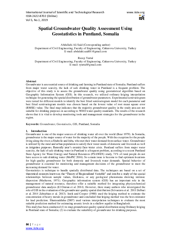 Pdf Spatial Groundwater Quality Assessment Using Geostatistics In Puntland Somalia