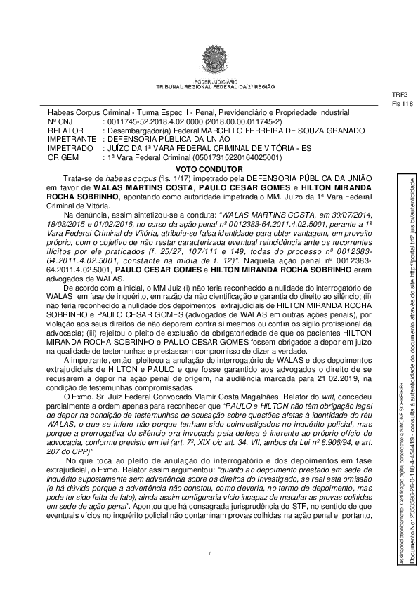 (PDF) HC 20180000011745 TRF2 RELATORA para acórdão : Desembargadora ...
