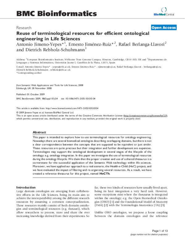(PDF) Reuse of terminological resources for efficient ontological engineering in Life Sciences