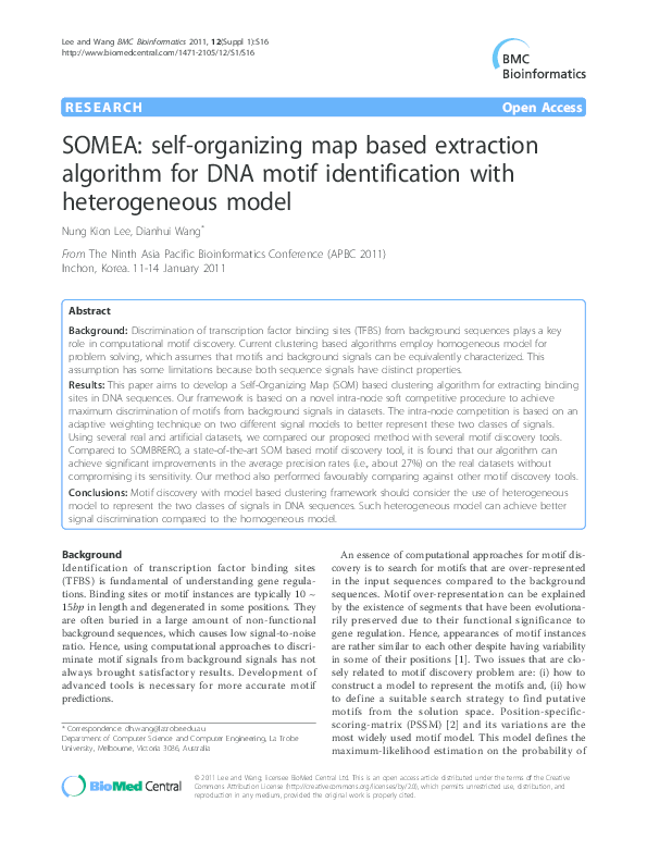 Pdf Somea Self Organizing Map Based Extraction Algorithm For Dna Motif Identification With
