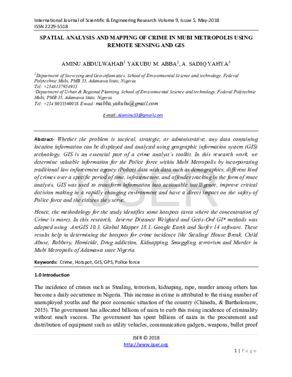 Pdf Spatial Analysis And Mapping Of Crime In Mubi Metropolis Using Remote Sensing And Gis