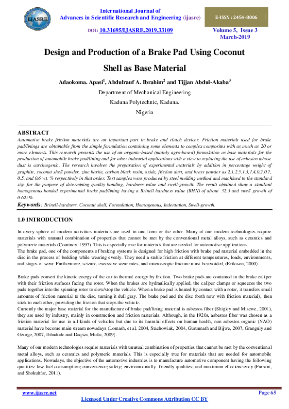 (PDF) Design and Production of a Brake Pad Using Coconut Shell as Base ...