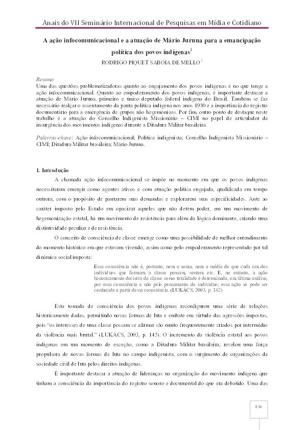 (PDF) A ação infocomunicacional e a atuação de Mário Juruna para a ...