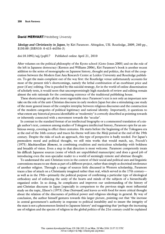 (PDF) Review: Kiri Paramore, Ideology and Christianity in Japan