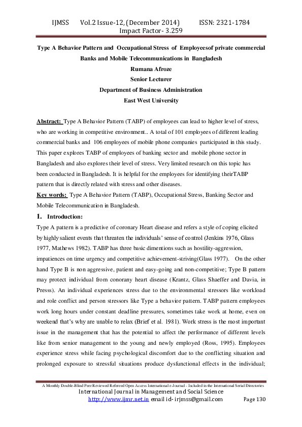 (PDF) Type A Behavior Pattern and Occupational Stress of Employees of ...