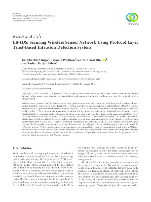 Pdf Lb Ids Securing Wireless Sensor Network Using Protocol Layer