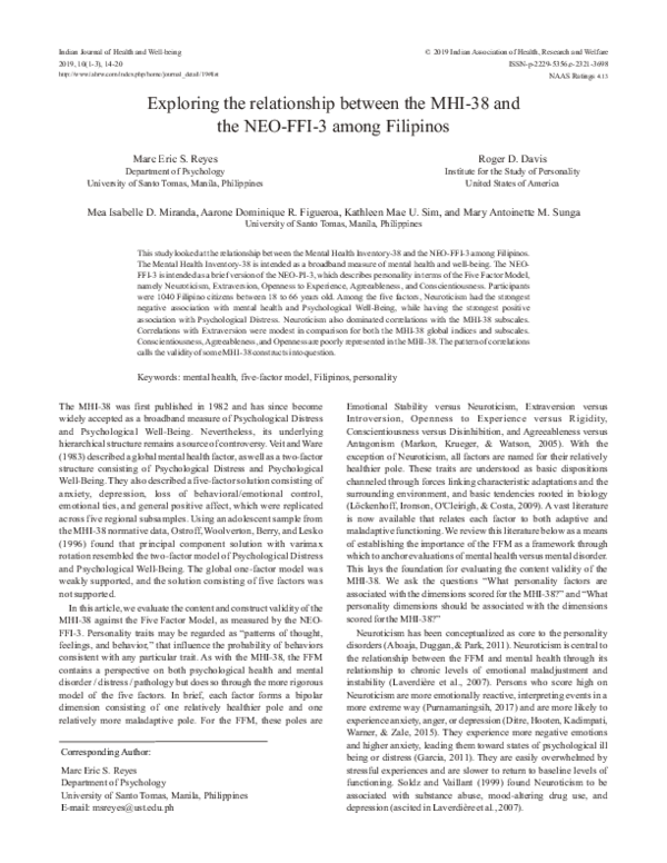 (PDF) Exploring the relationship between the MHI-38 and the NEO-FFI-3 among Filipinos