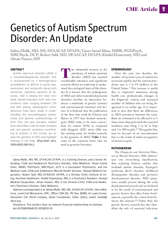 (PDF) Genetics of Autism Spectrum Disorder: An Update