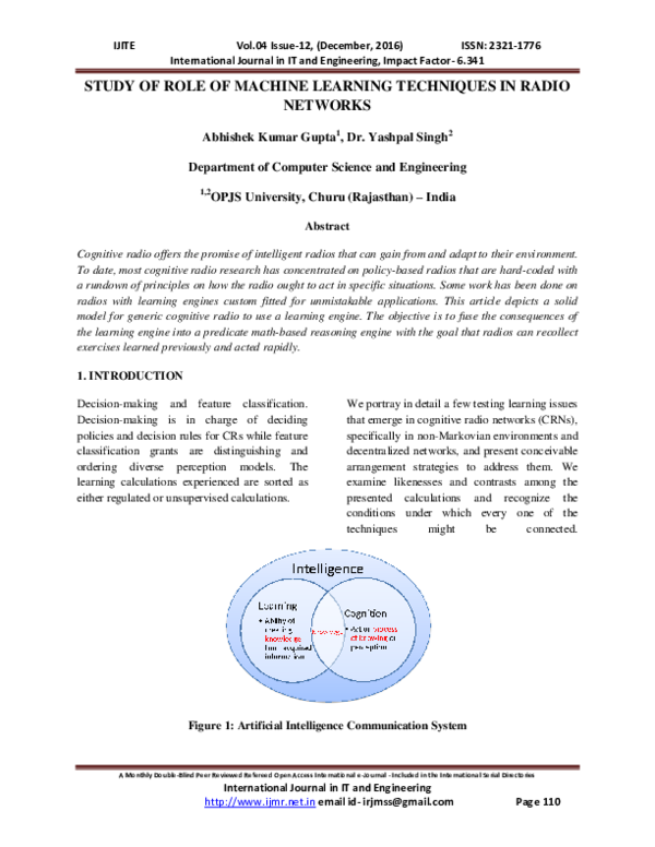 (PDF) STUDY OF ROLE OF MACHINE LEARNING TECHNIQUES IN RADIO NETWORKS ...