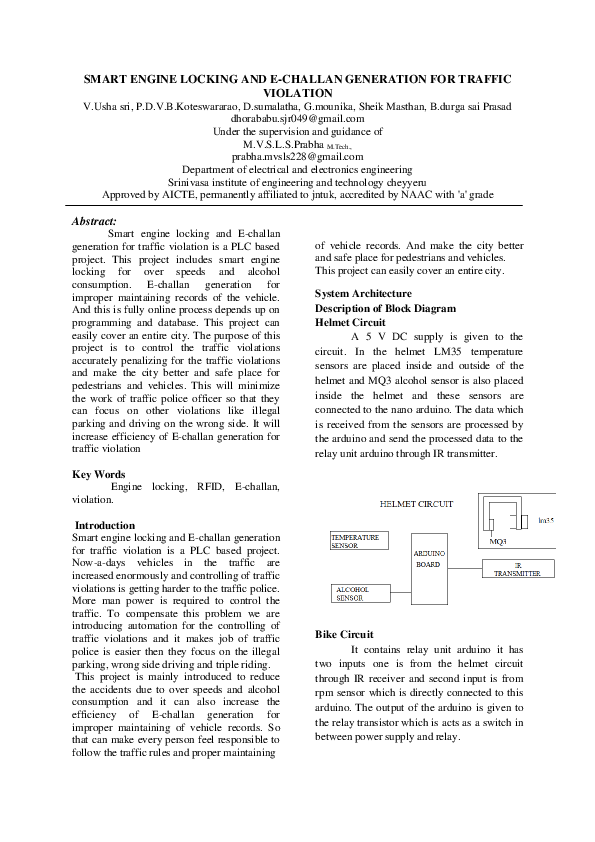 (DOC) Smart engine locking and E-challan generation for traffic violation