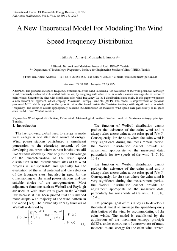 (PDF) A New Theoretical Model For Modeling The Wind Speed Frequency ...