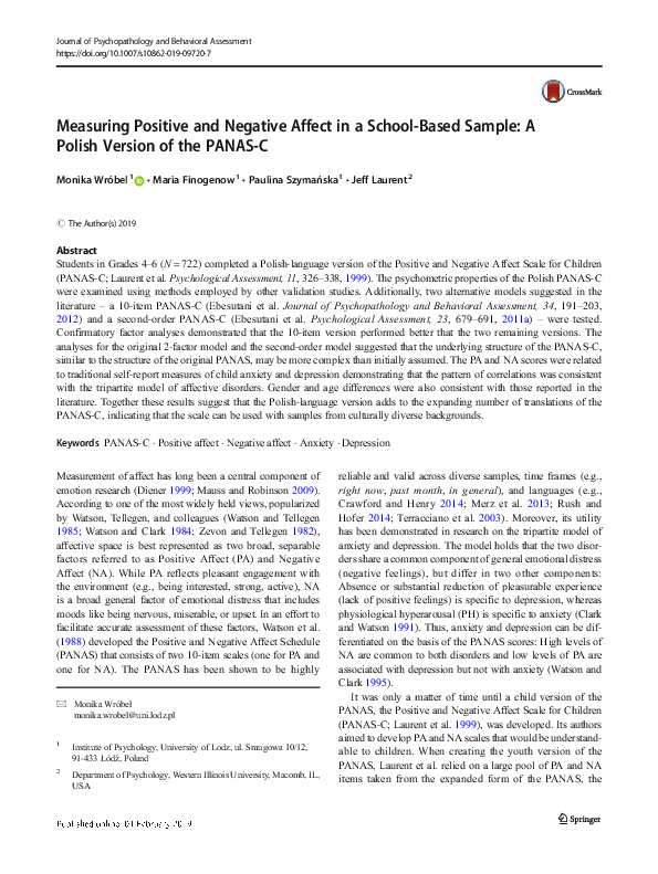 (PDF) Measuring Positive and Negative Affect in a School-Based Sample ...