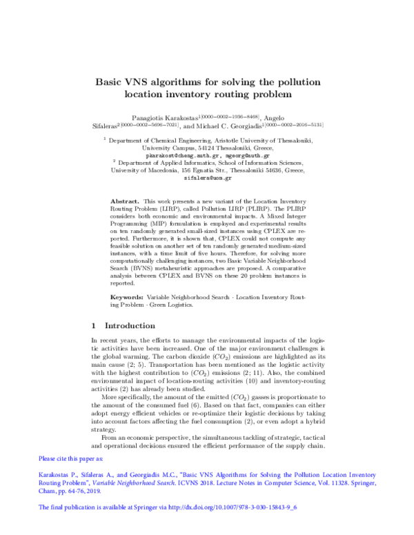Pdf Basic Vns Algorithms For Solving The Pollution Location Inventory Routing Problem