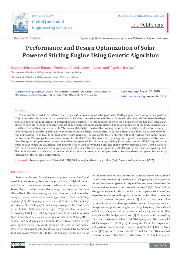 (PDF) Performance and Design Optimization of Solar Powered Stirling Engine Using Genetic Algorithm