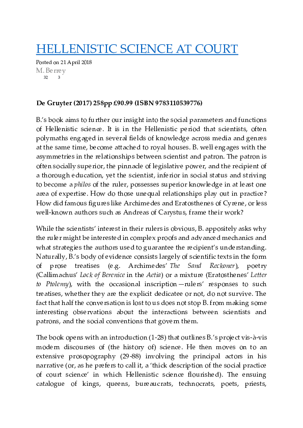 (PDF) Review: M. Berrey, Hellenistic Science at Court (Berlin: De ...
