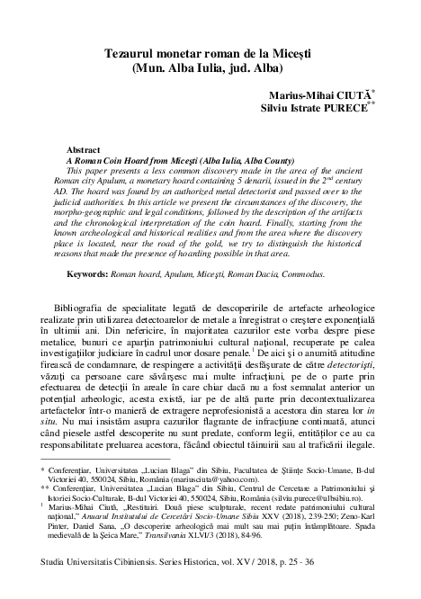 (PDF) Tezaurul monetar roman de la Micești (Mun. Alba Iulia, jud. Alba ...