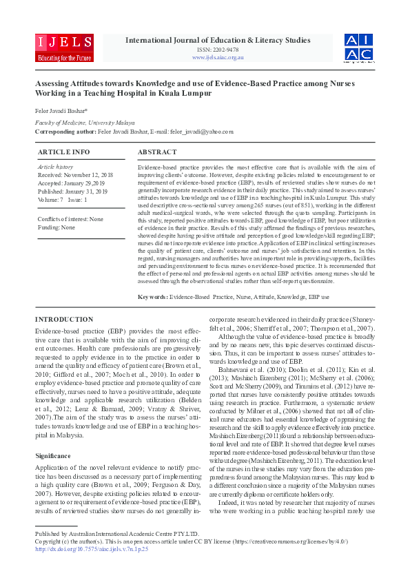 (PDF) Assessing Attitudes towards Knowledge and use of Evidence-Based Practice among Nurses ...