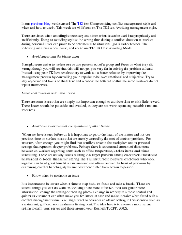 (DOC) Using the TKI Test Avoiding Conflict Management Style