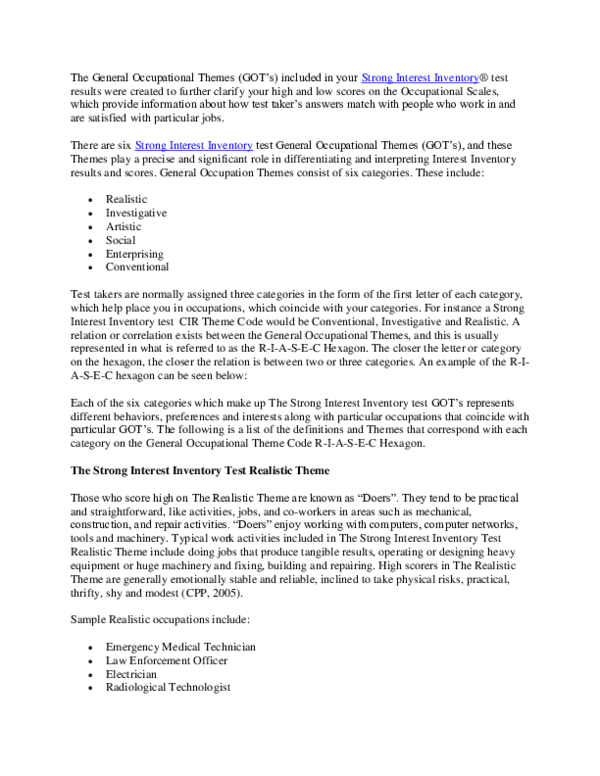 (DOC) Your Strong Interest Inventory® Test General Occupational Themes