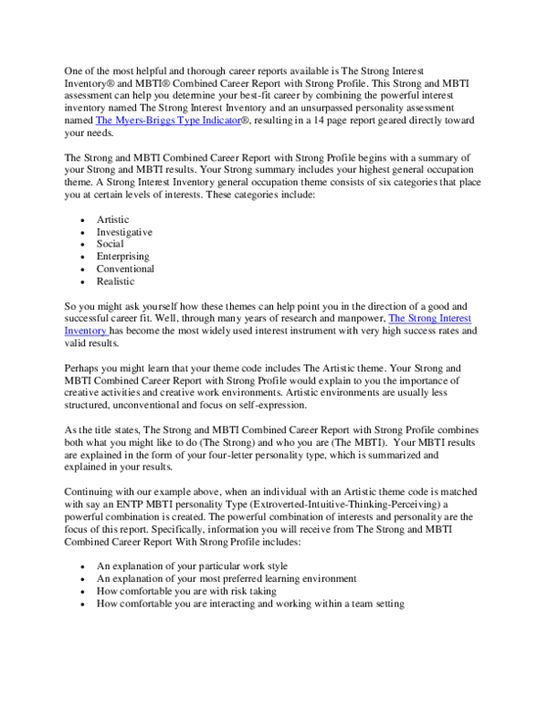 (DOC) Strong Interest Inventory® and MBTI® Combined Career Report Explained