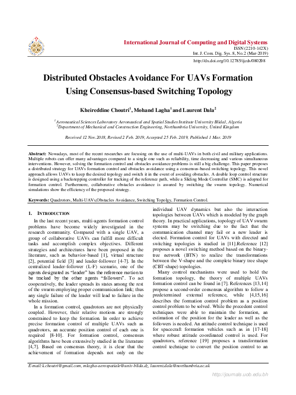 (PDF) Distributed Obstacles Avoidance For UAVs Formation Using Consensus-based Switching Topology