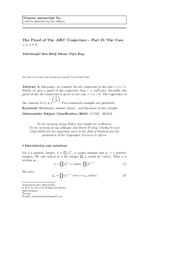 (PDF) The Proof of The ABC Conjecture -Part II: The Case c = a + b